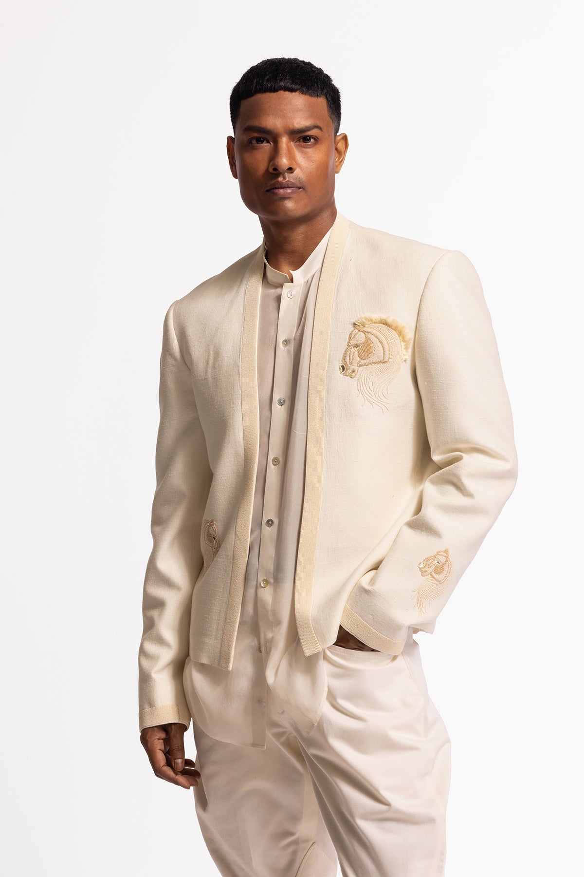 Men's Ivory Matka Silk Embroidered Jacket with Horse Motif